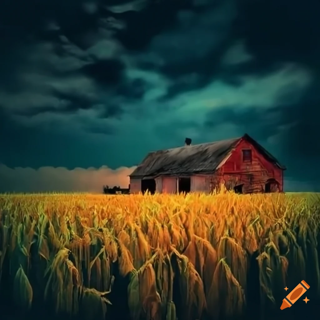 Nighttime horror scene in an abandoned cornfield