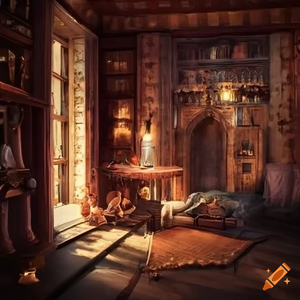 Mystical alchemy mansion interior with garden and open roof