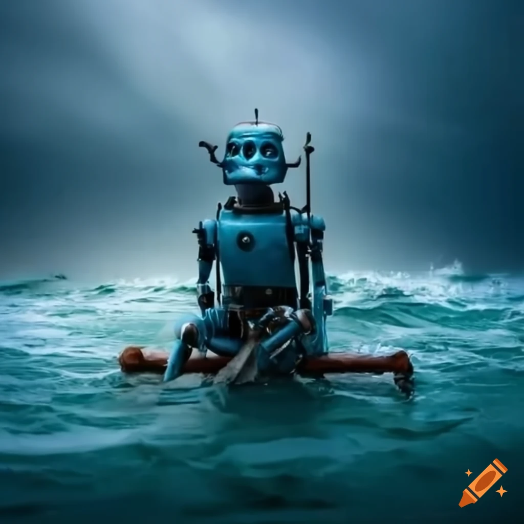 Detailed robot doll face on a raft in stormy sea