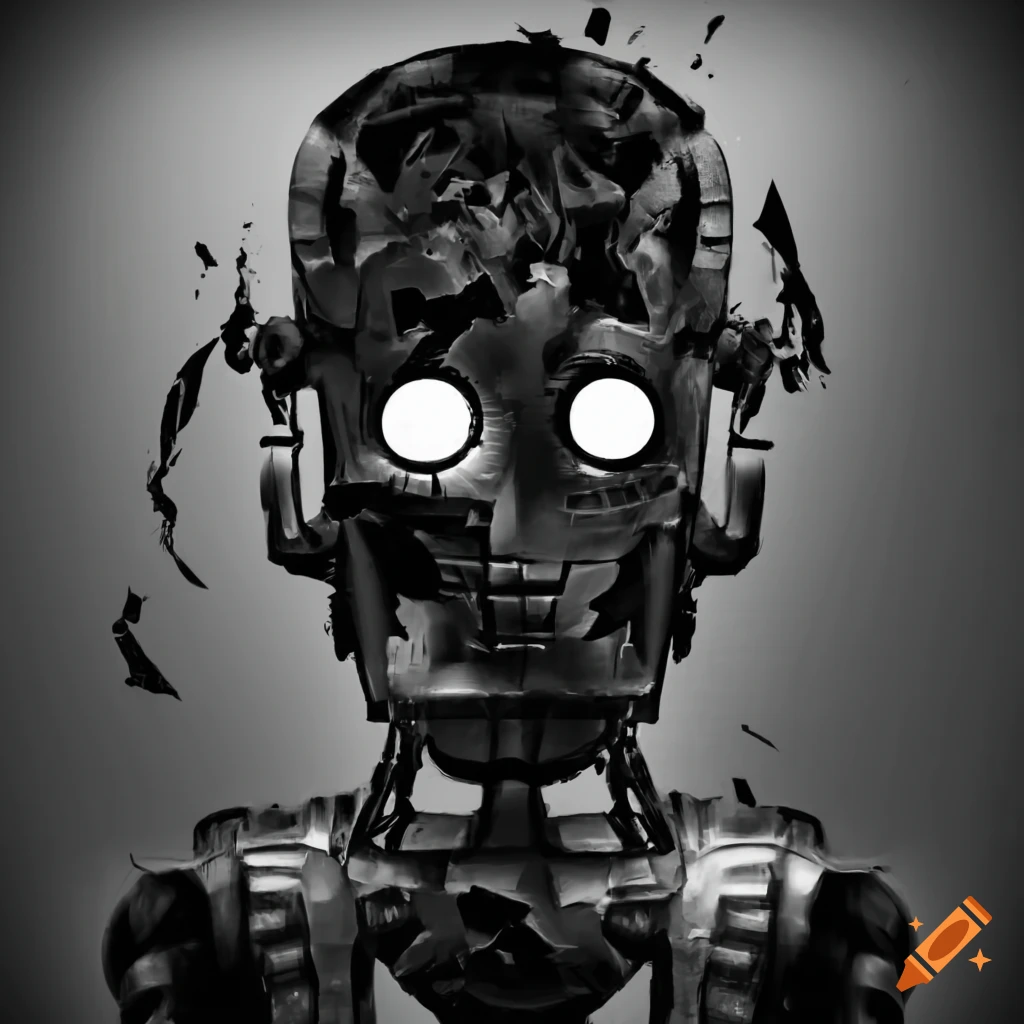 Black and white image of a broken robot in a city on Craiyon