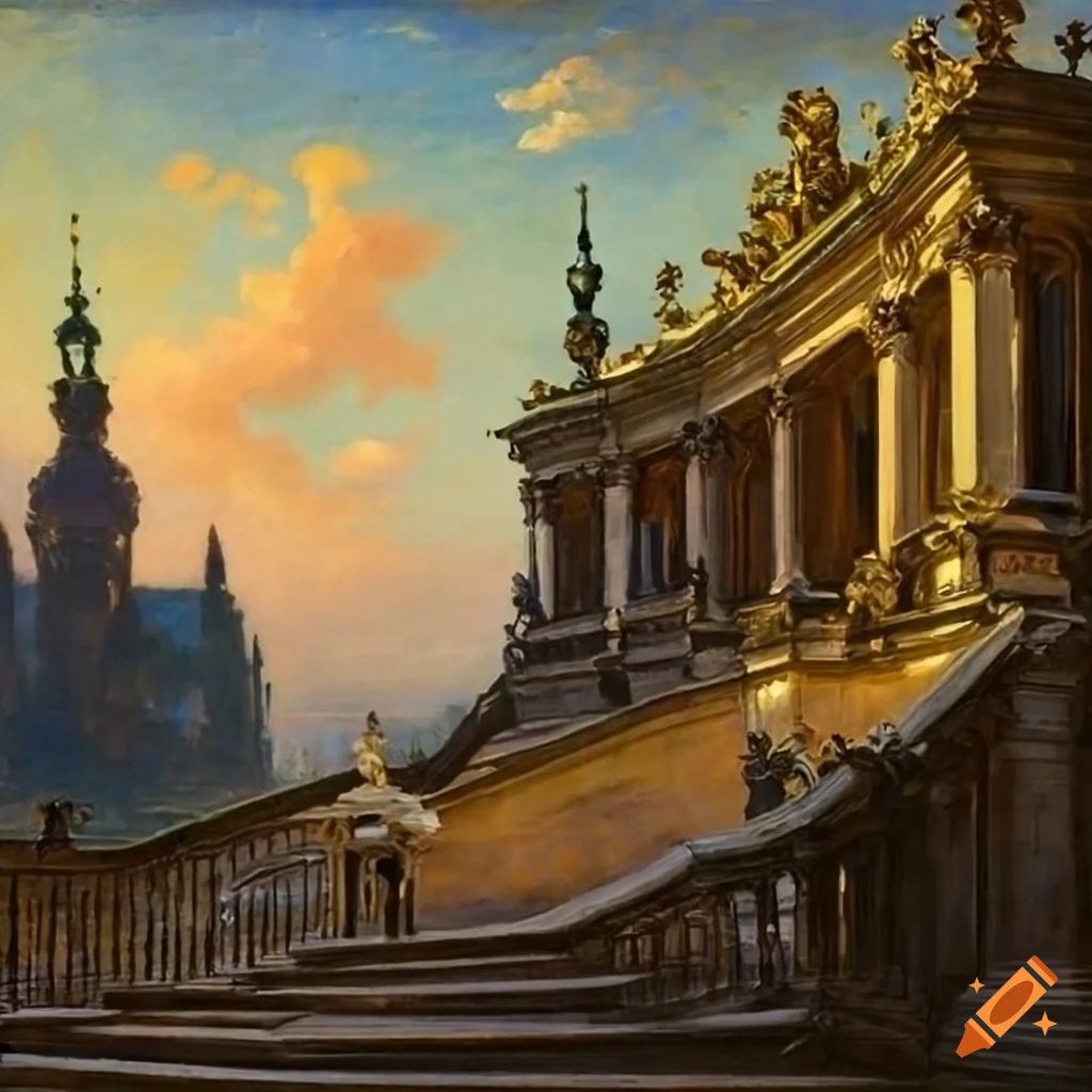 Neoclassical landscape painting with buildings, stairs and lanterns on ...