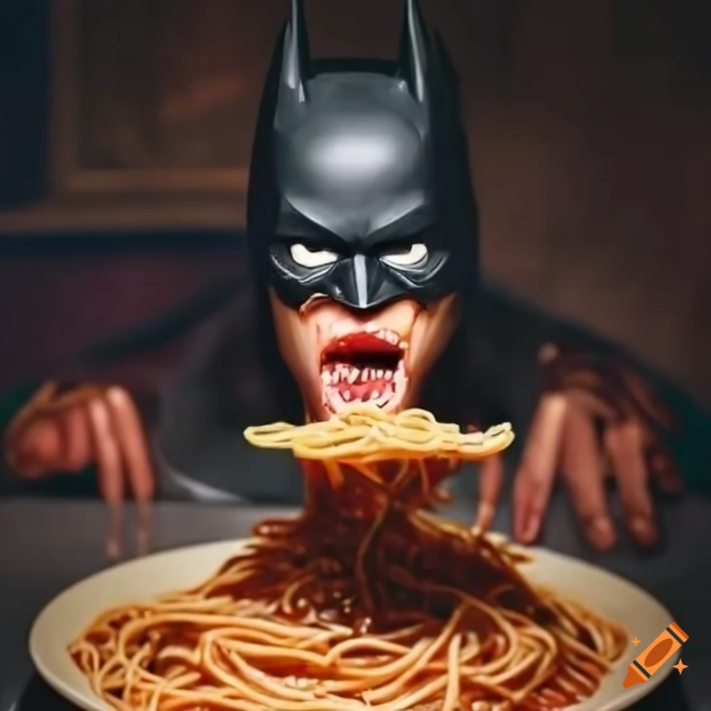 Humorous depiction of Batman with spaghetti in his mouth on Craiyon
