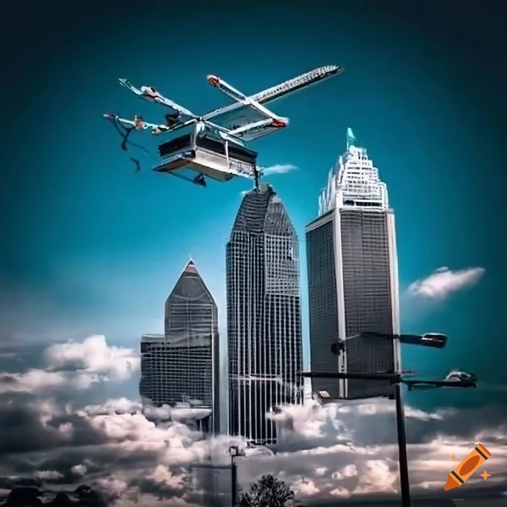 Black and white photograph of a flying bus above cityscape on Craiyon