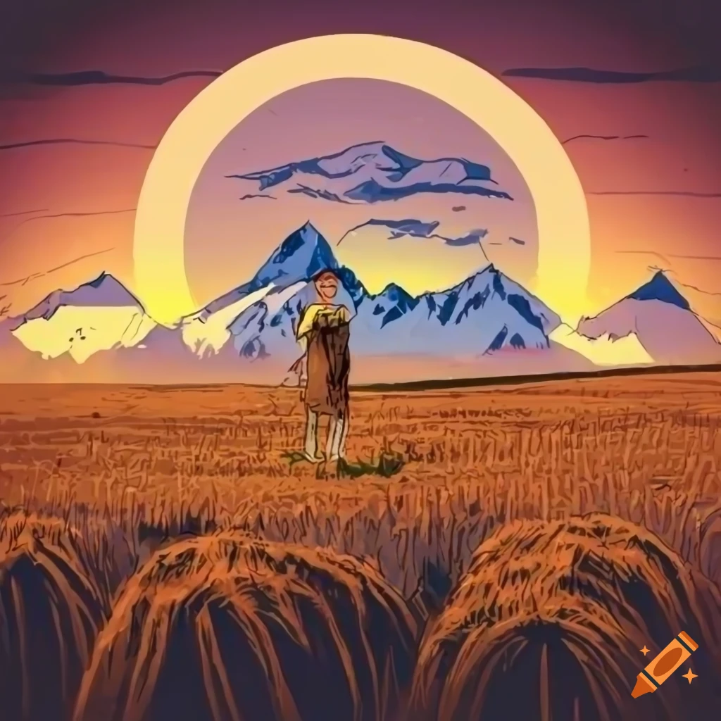 Comic-style illustration of a red-haired farmer in a wheatfield on Craiyon