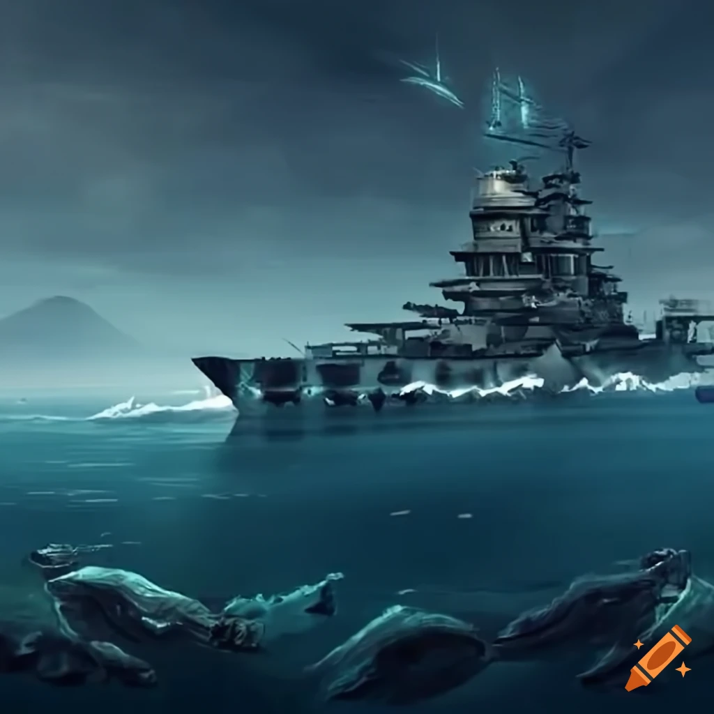 Naval admiral in front of a battleship in a fantasy setting on Craiyon