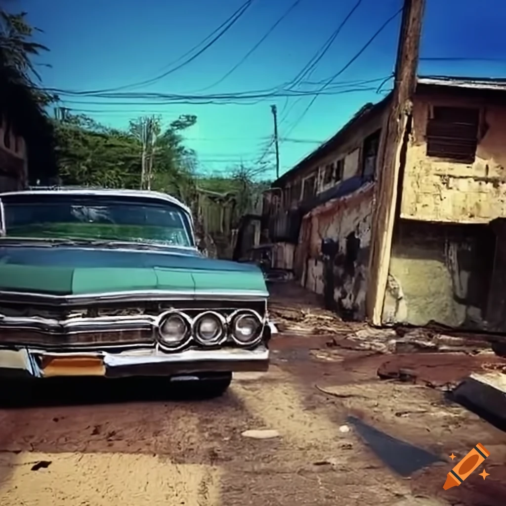 Photo of a classic impala 64 in a favela on Craiyon