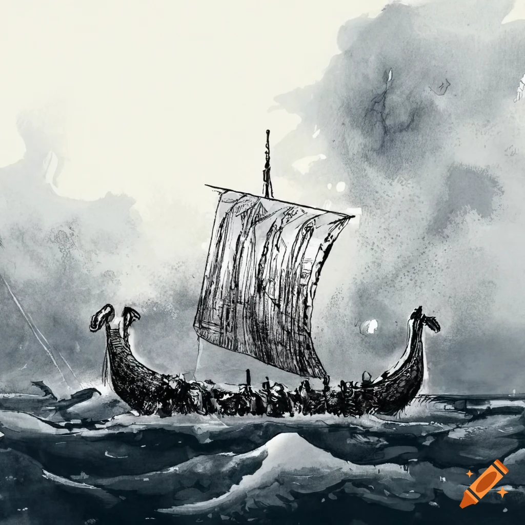 Black and white ink drawing of a viking ship sailing near a desolate ...