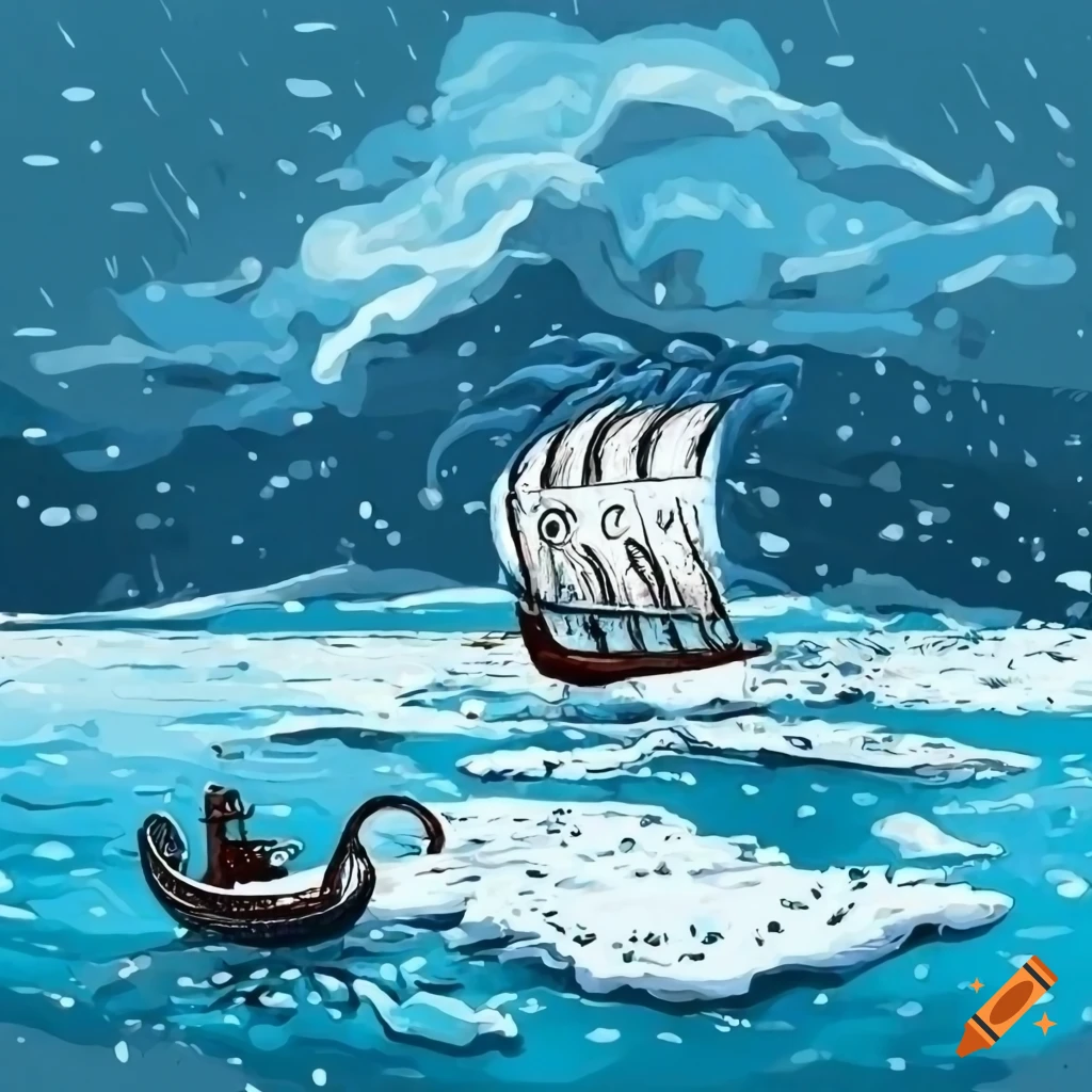 Black and white ink drawing of a shipwrecked viking ship on a desolate ...