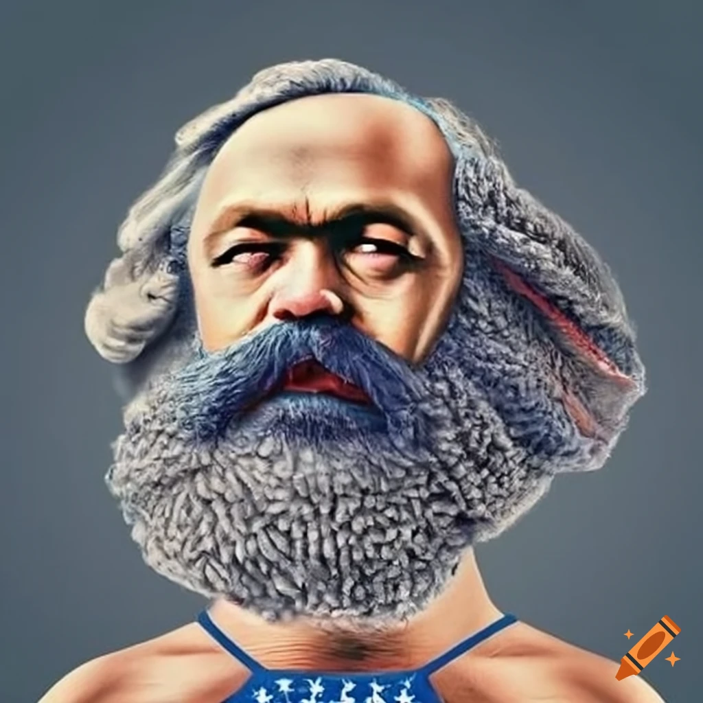 Satirical depiction of karl marx wearing an american flag speedo