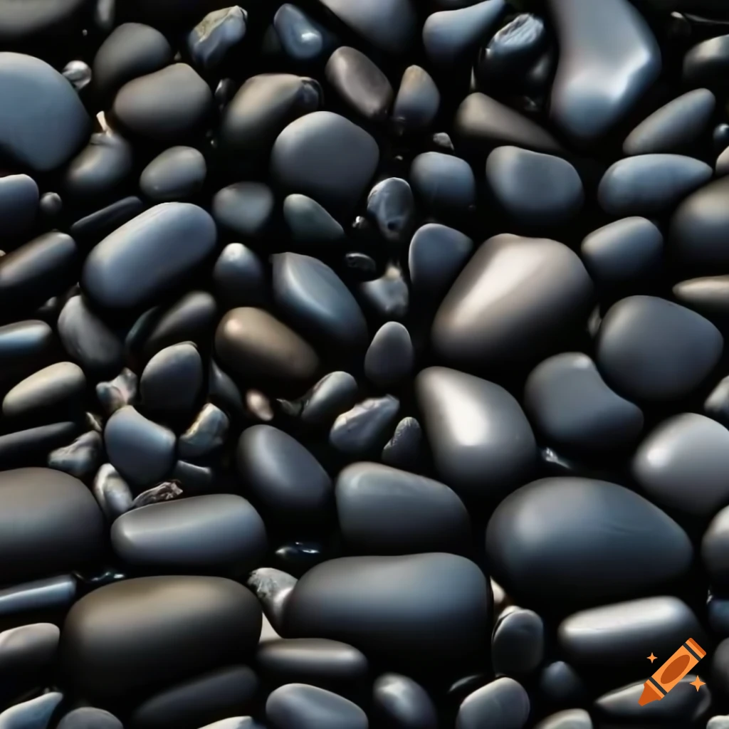 Photorealistic image of shiny black pebbles