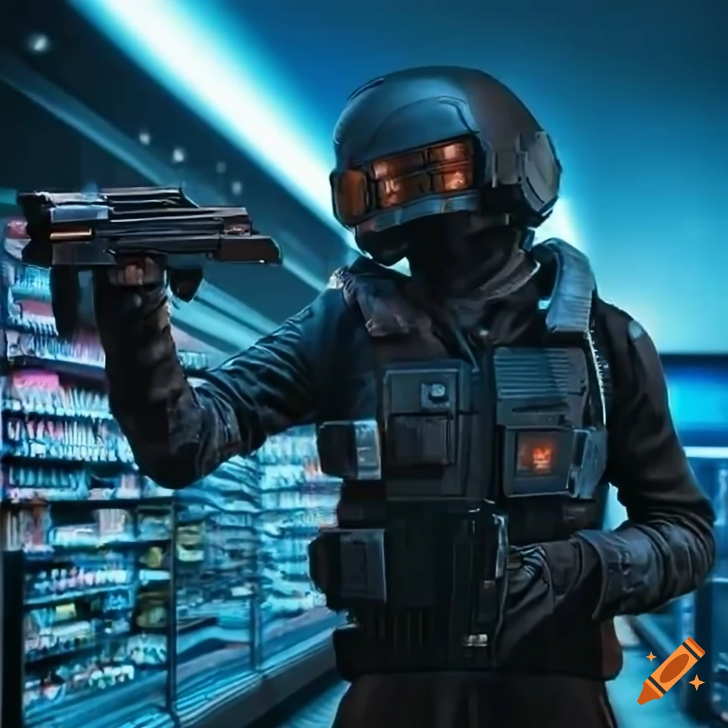 Digital art of a cyberpunk cop inside a futuristic convenience store on ...