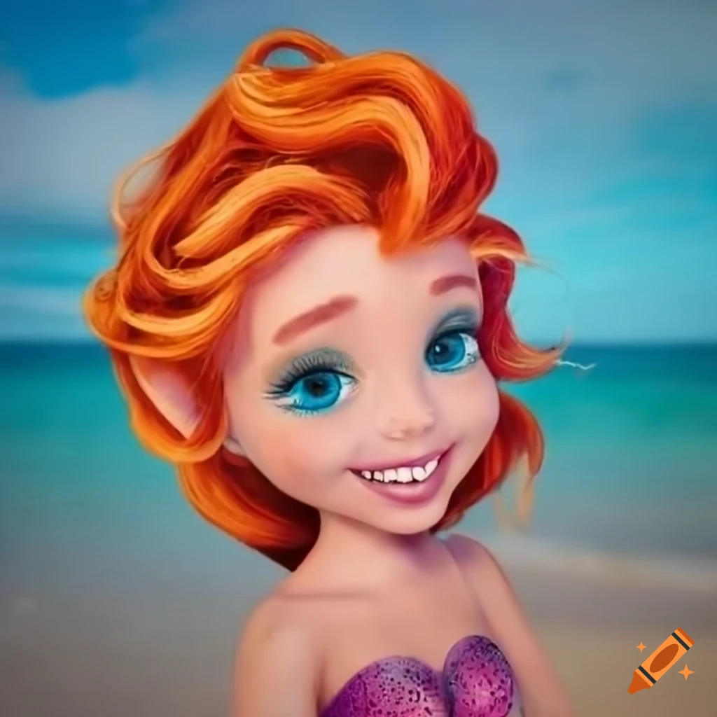 Portrait of a smiling mermaid with orange hair on a beach on Craiyon
