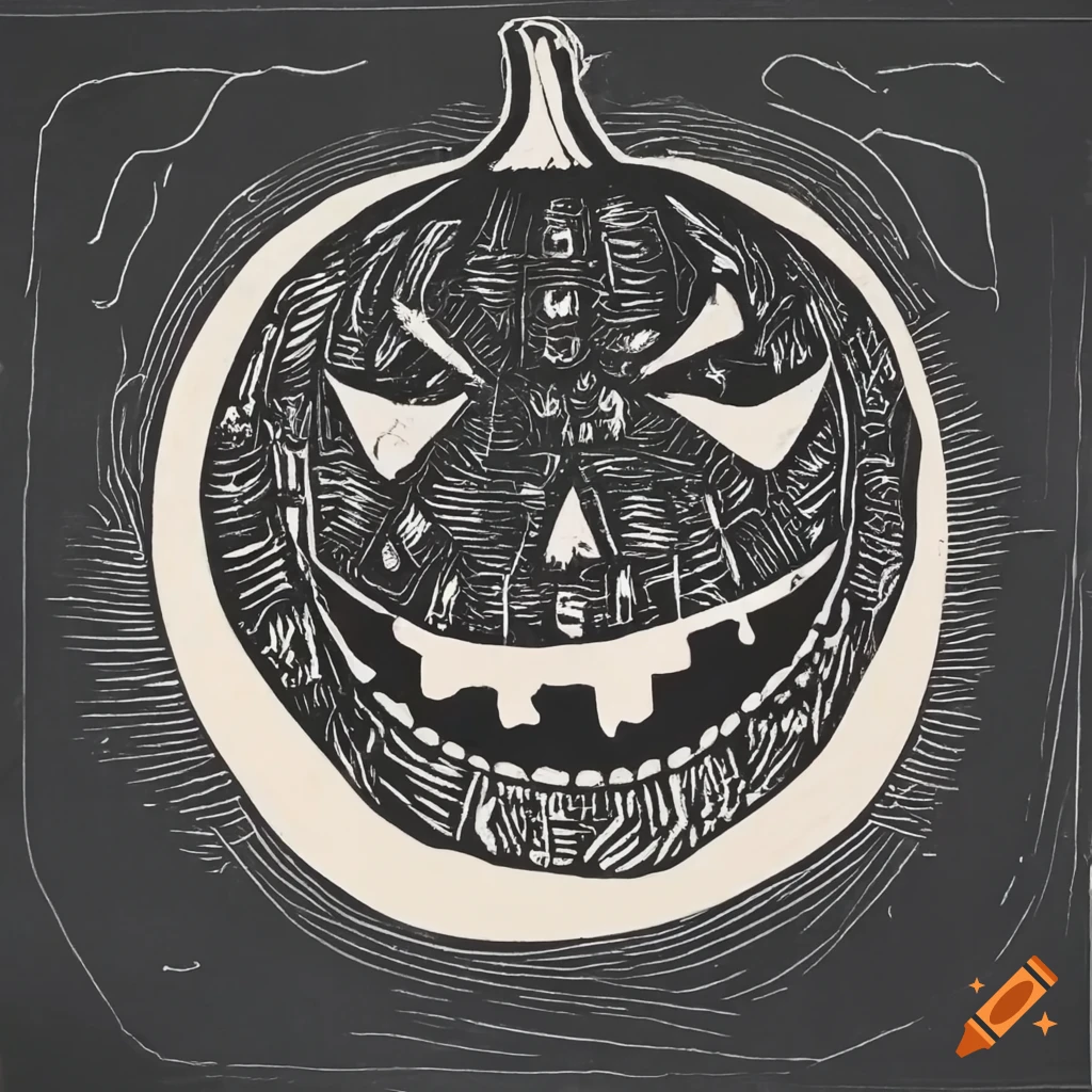 Linocut print of a spooky moon with a jack o lantern face on Craiyon