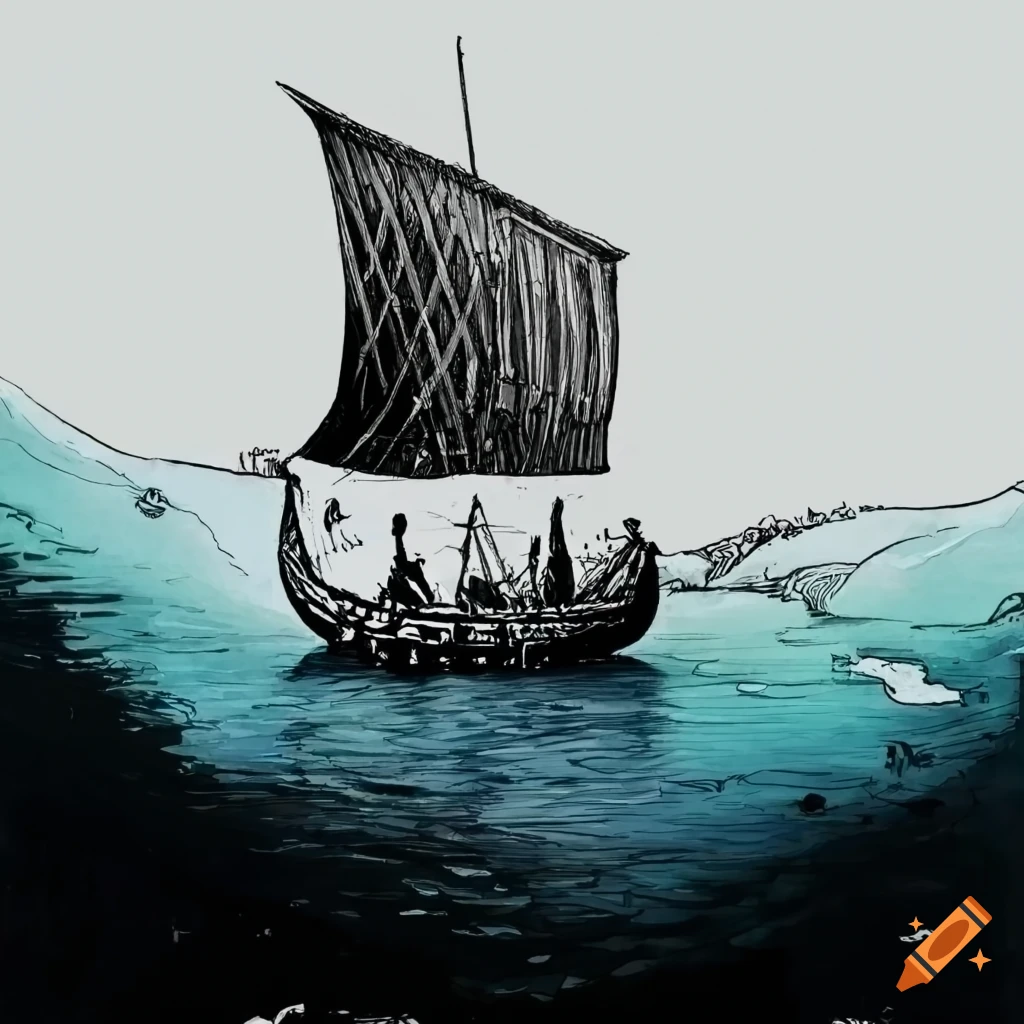 Black and white ink drawing of a viking ship on a desolate island on ...