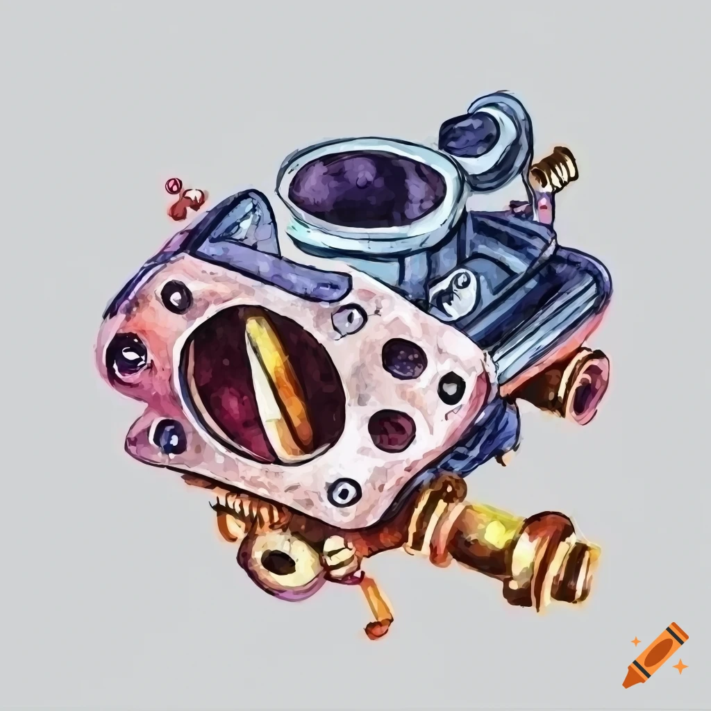 Hand-drawn watercolor illustration of a car carburetor on Craiyon