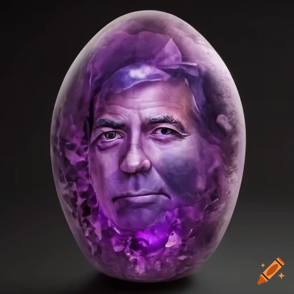 Intricate amethyst egg with george clooney's portrait