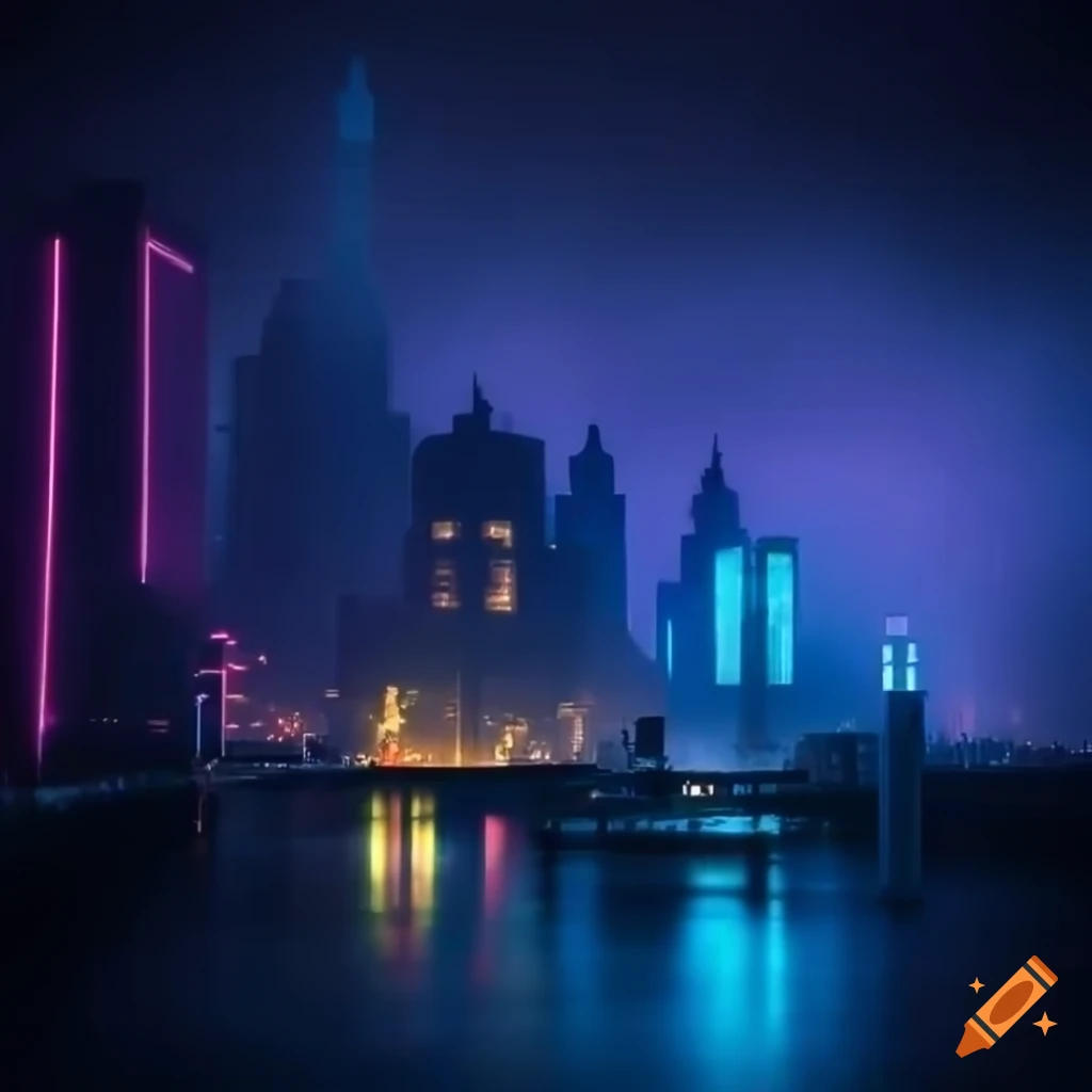 Neon cityscape with atmospheric fog and stormy clouds on Craiyon