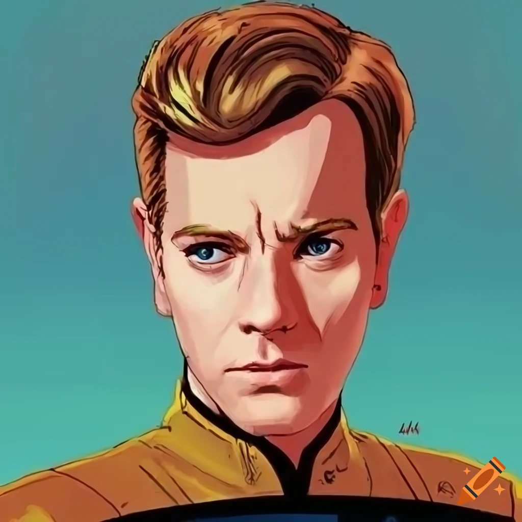 Pulp comic style depiction of Ewan McGregor as Star Trek captain on Craiyon