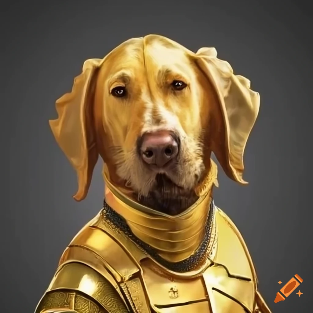 Golden retriever dog with gold armor and sword