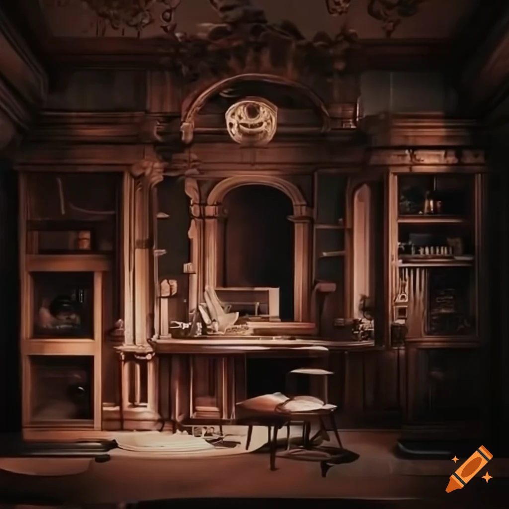 Image of a dark academia study room with a mix of medieval and ...