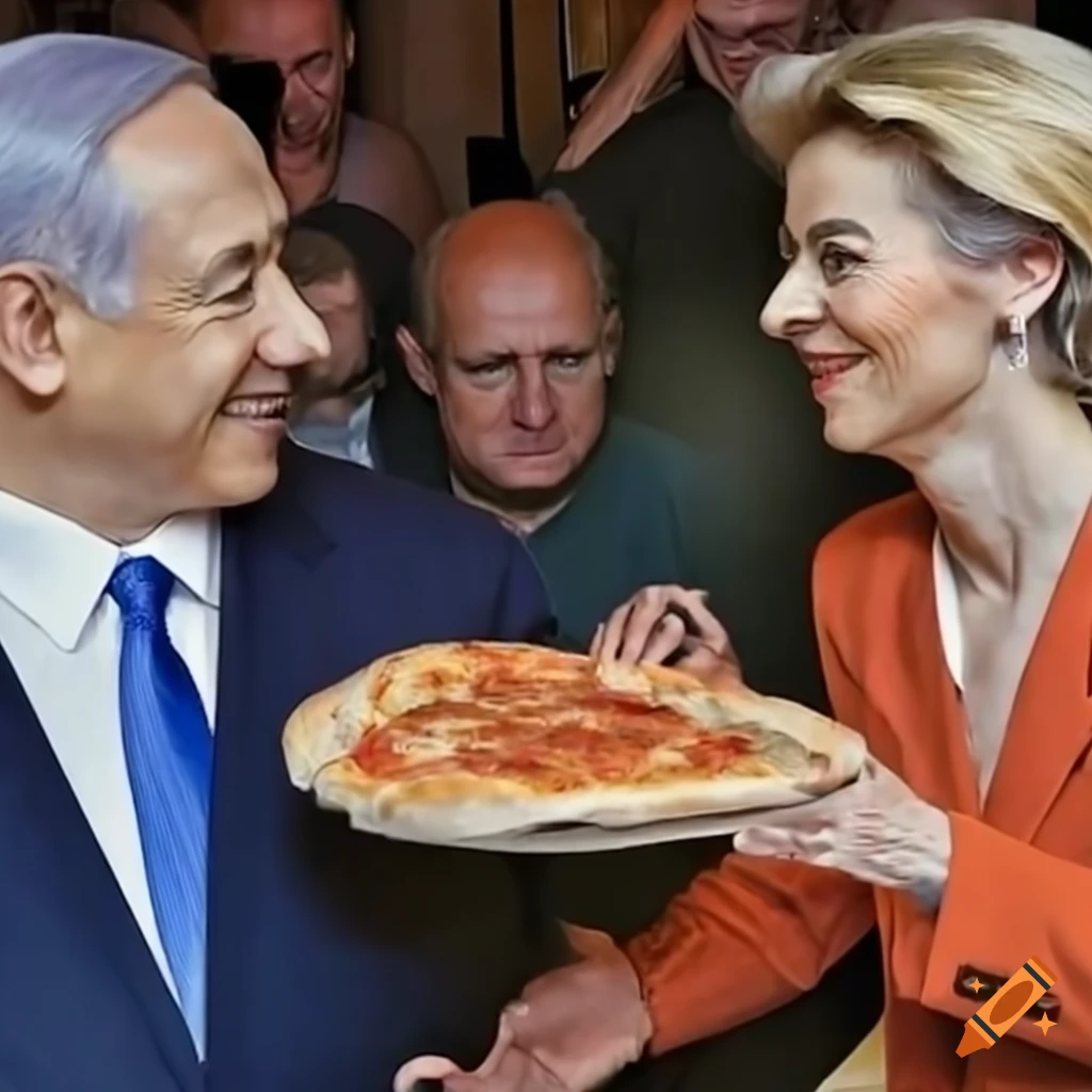 Ursula von der leyen and benjamin netanyahu eating pizza on Craiyon