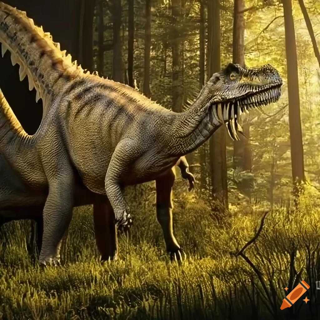 Scientific illustration of an allosaurus fighting a stegosaurus on Craiyon