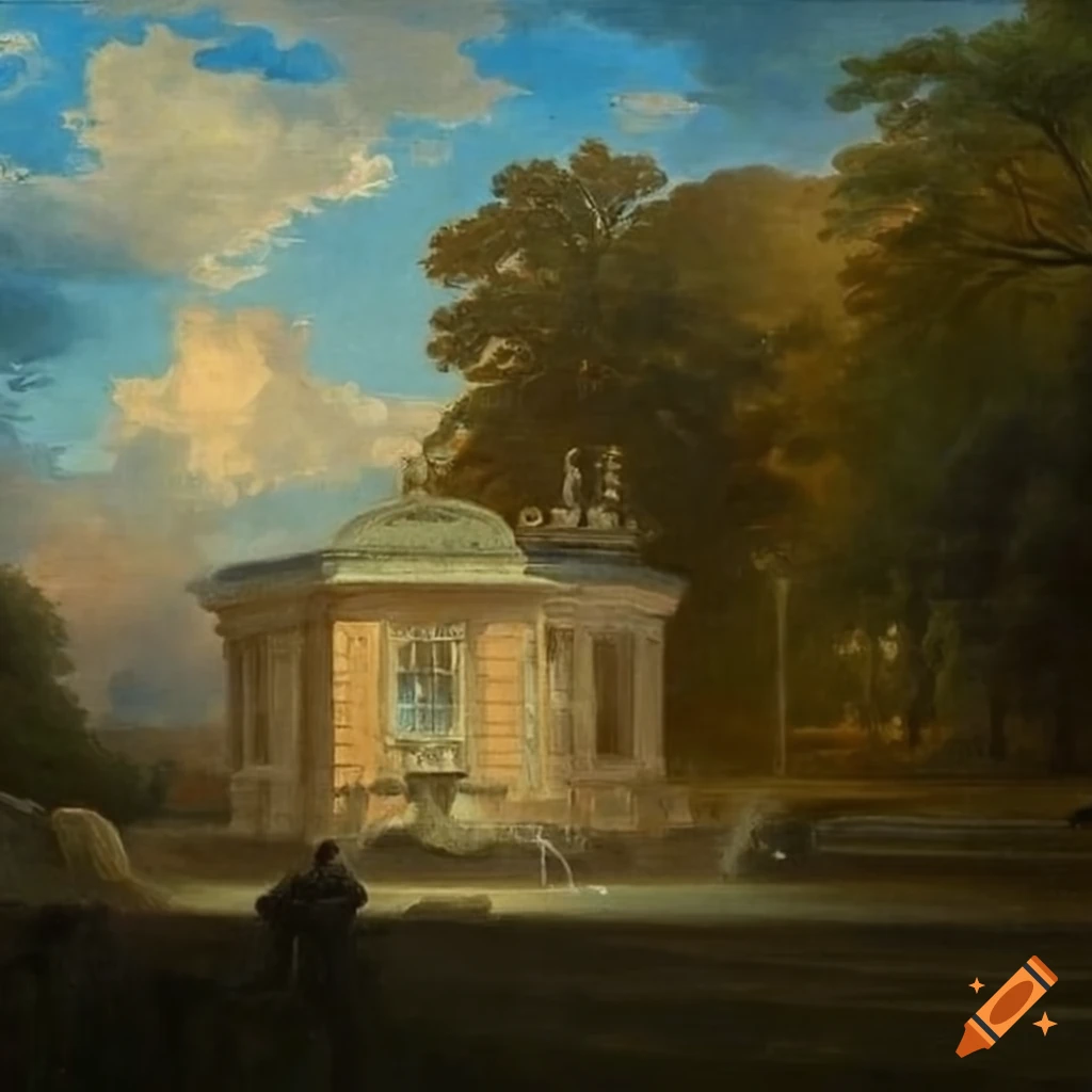 Neoclassical landscape painting with a fountain and sky on Craiyon