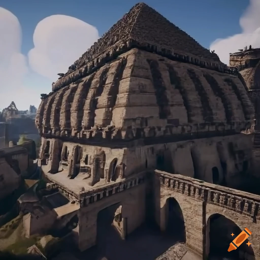 Aerial view of an ancient city with pyramid-like structures on Craiyon