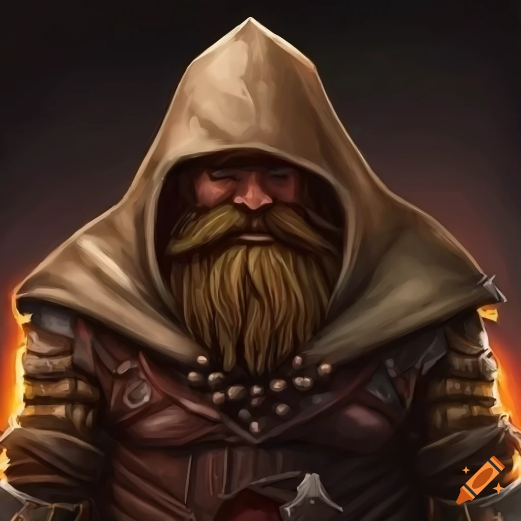 Portrait of a hooded dwarven rogue with a black beard on Craiyon