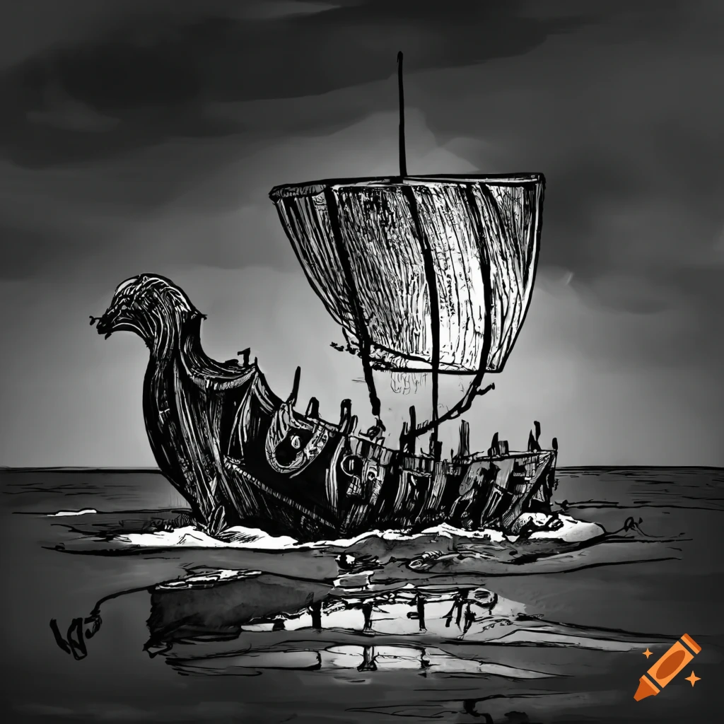 Black and white ink drawing of a viking ship wrecked on an island on ...