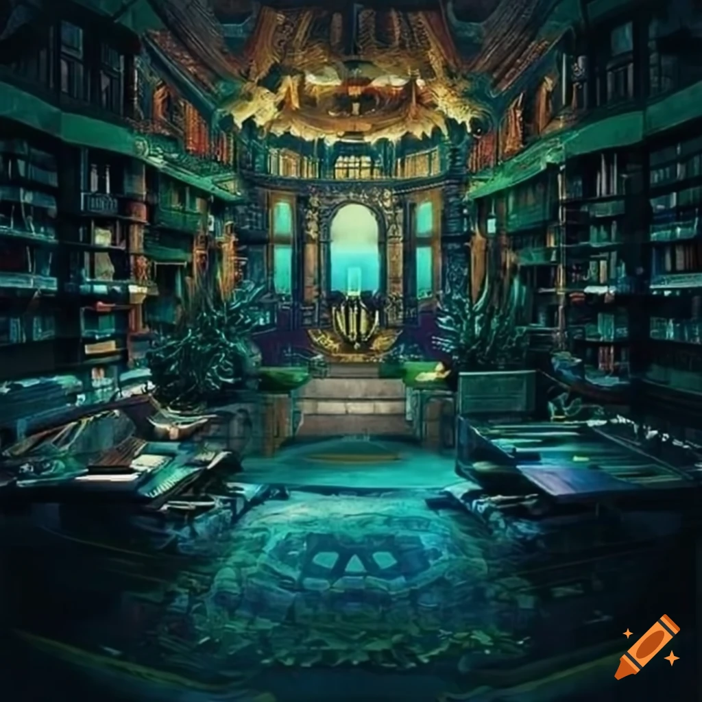 Image of a magical study library with a vibrant garden on Craiyon