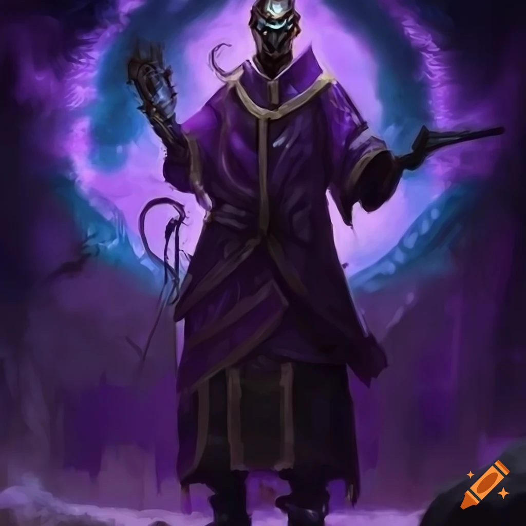 Cyborg monk concept art in purple and dark blue colors on Craiyon