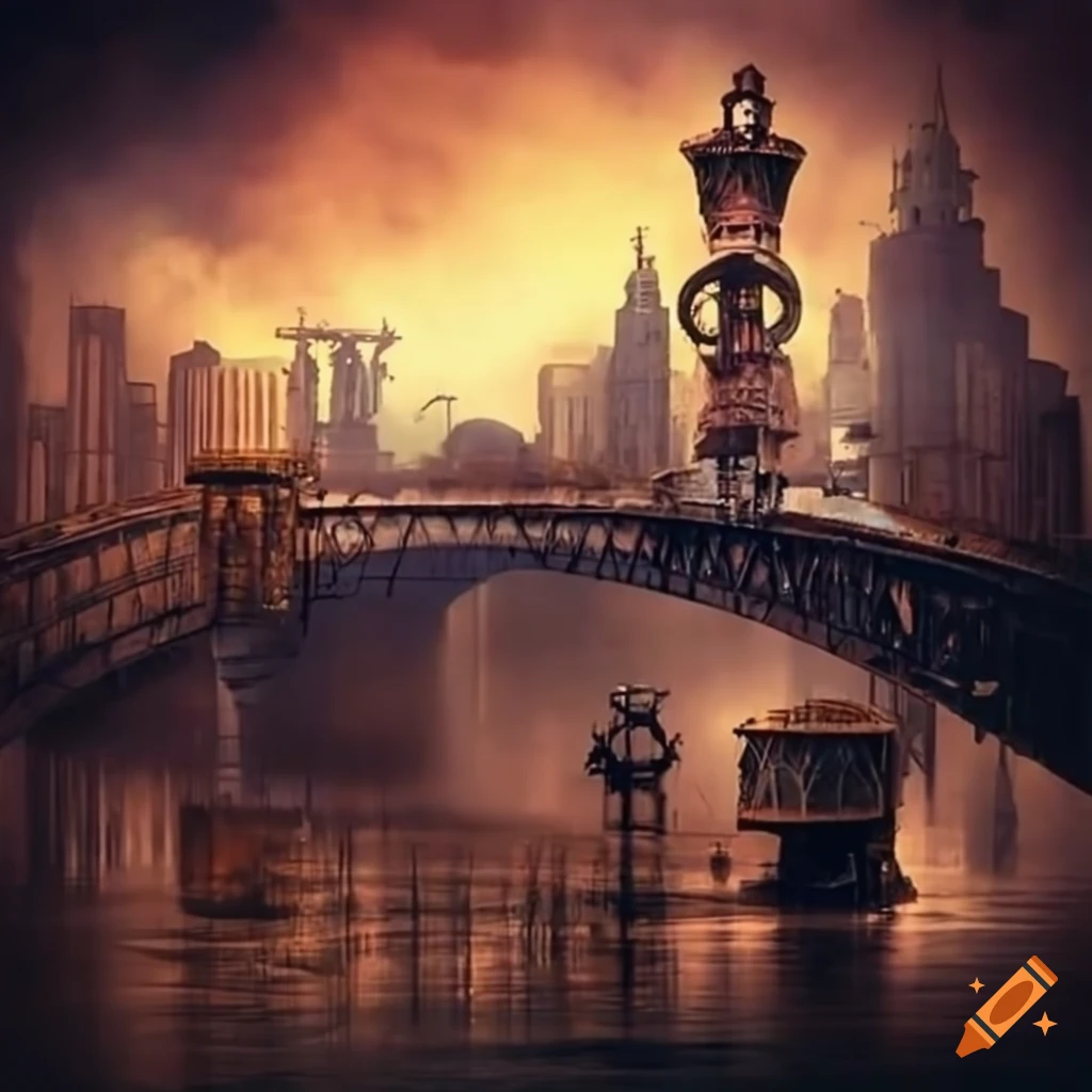 Steampunk train crossing a bridge in a city on Craiyon
