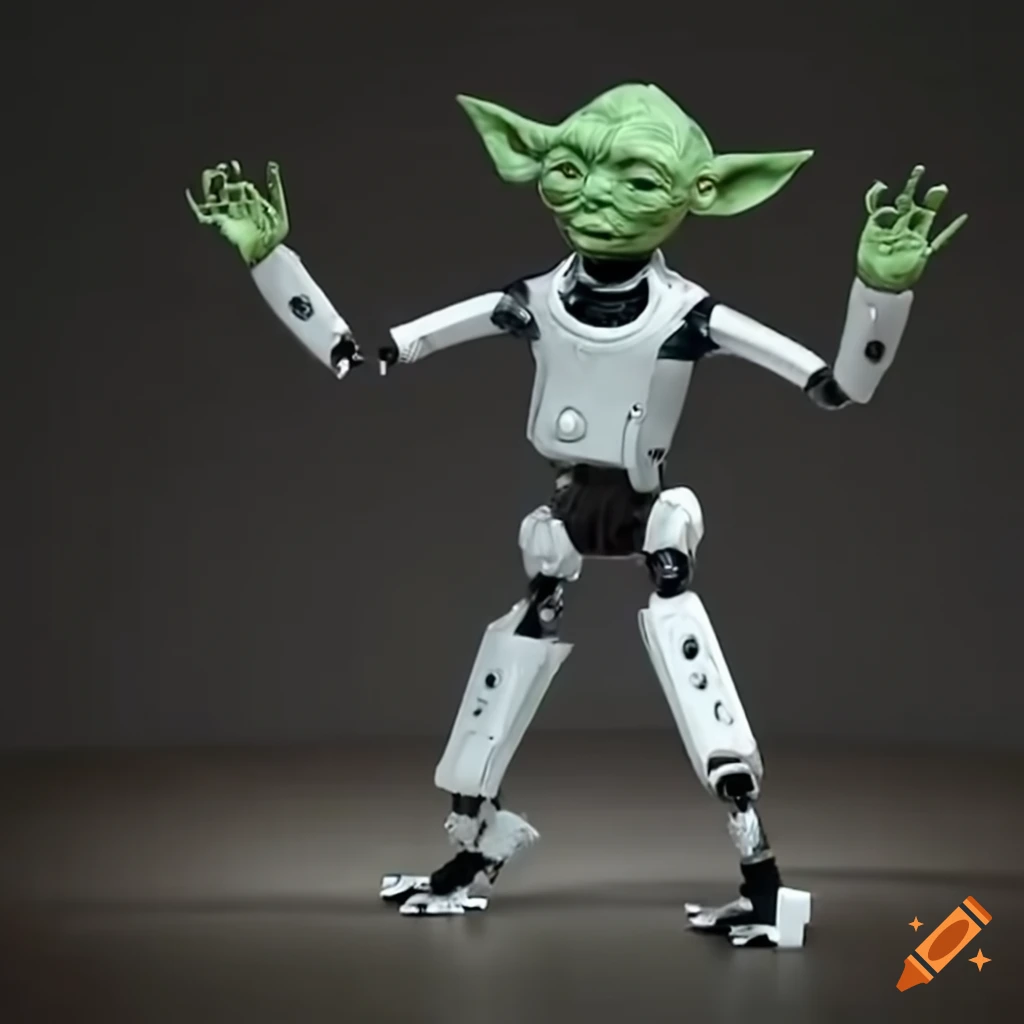 Detailed realistic robot doing yoga with yoda