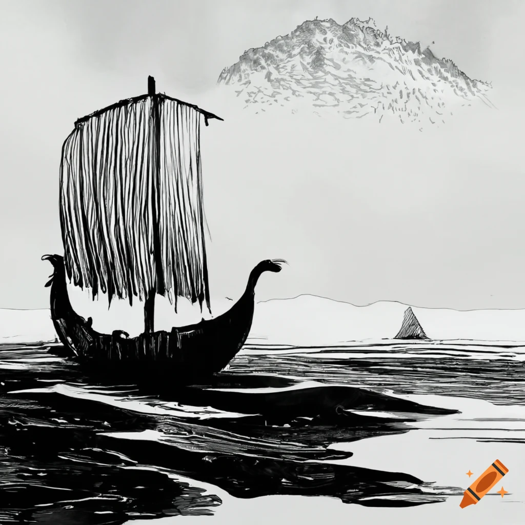 Ink drawing of a wrecked viking ship on a desolate island on Craiyon