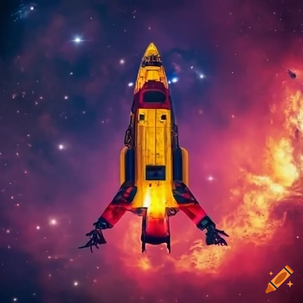 Digital artwork of a red and yellow spaceship in space