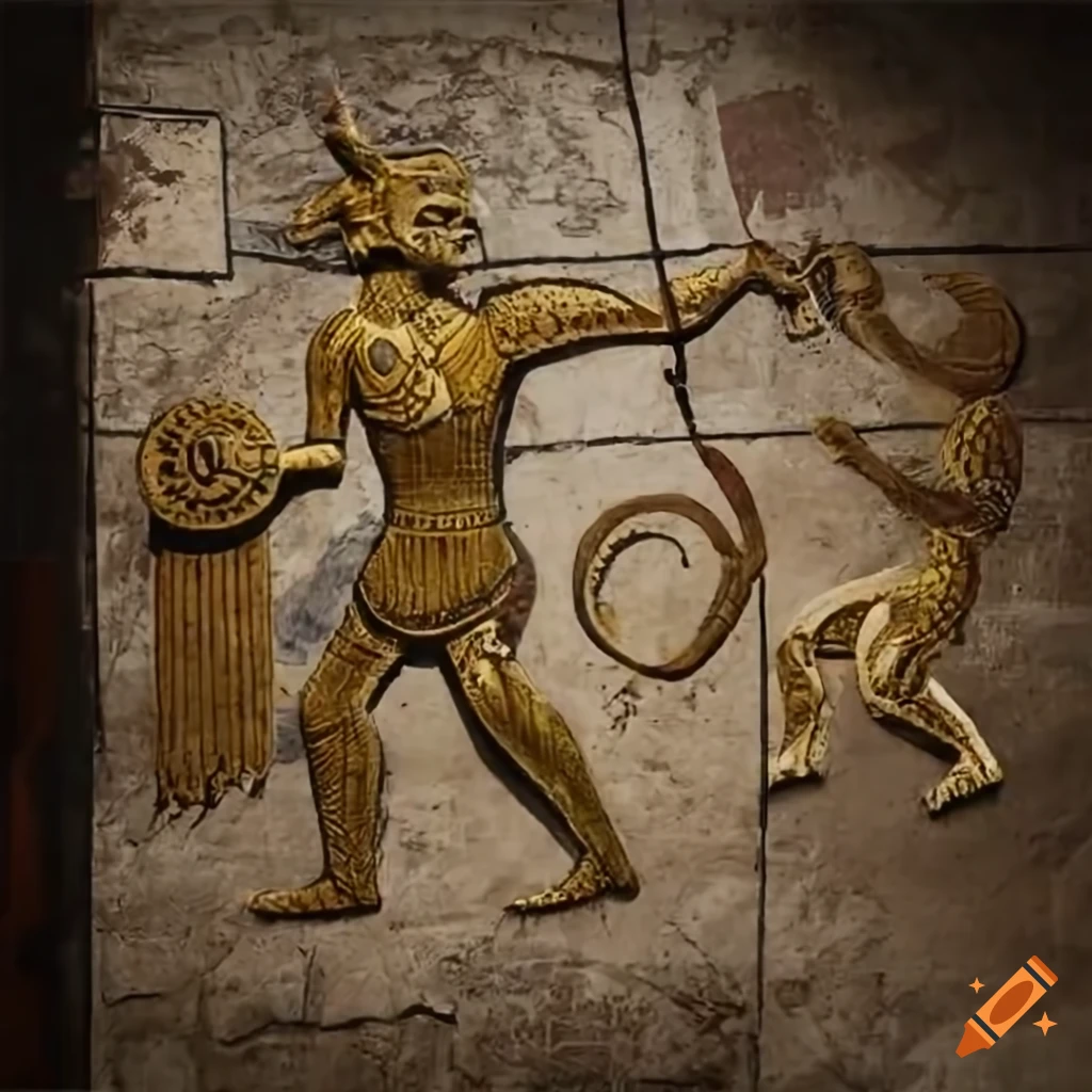 Unreal engine 5 artwork of a sky god battling a snake-creature on Craiyon