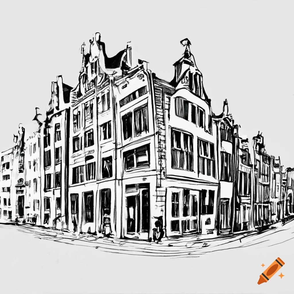 Black and white sketch of an amsterdam street