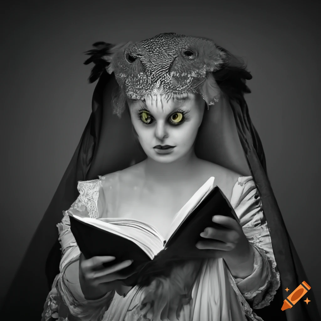 Spooky black and white illustration of a woman with owl features ...