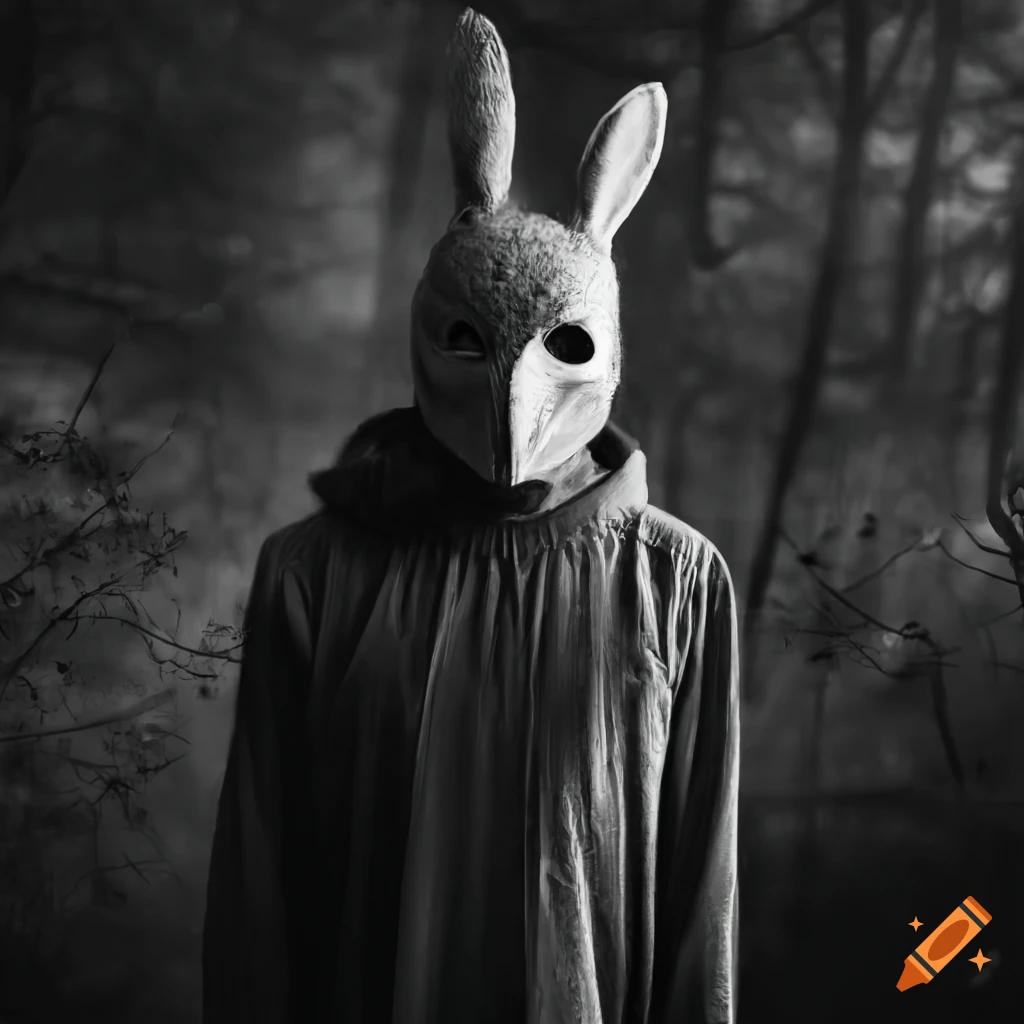 Black and white photo of a man wearing a hare mask in the foggy forest ...