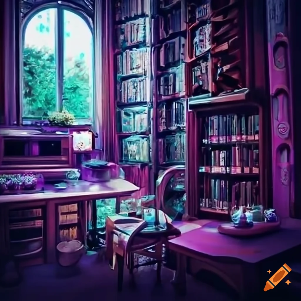 Image of a magical library with a garden and a connected medieval kitchen