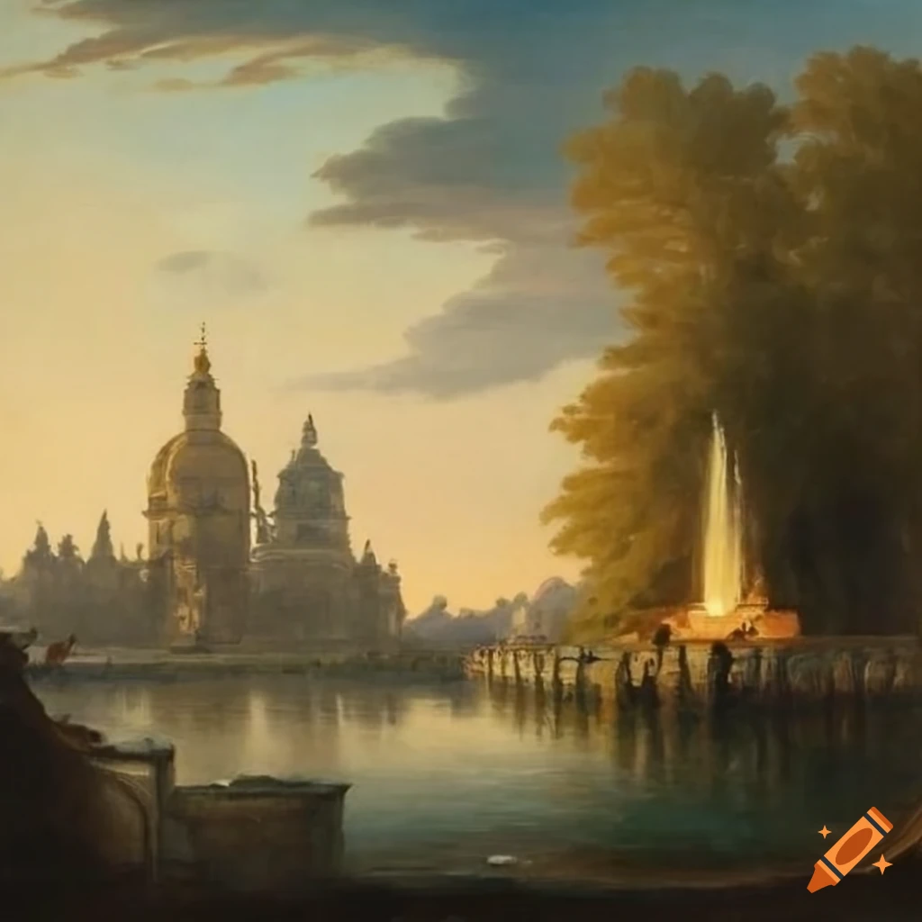 Neoclassical landscape painting with a fountain and lanterns on Craiyon