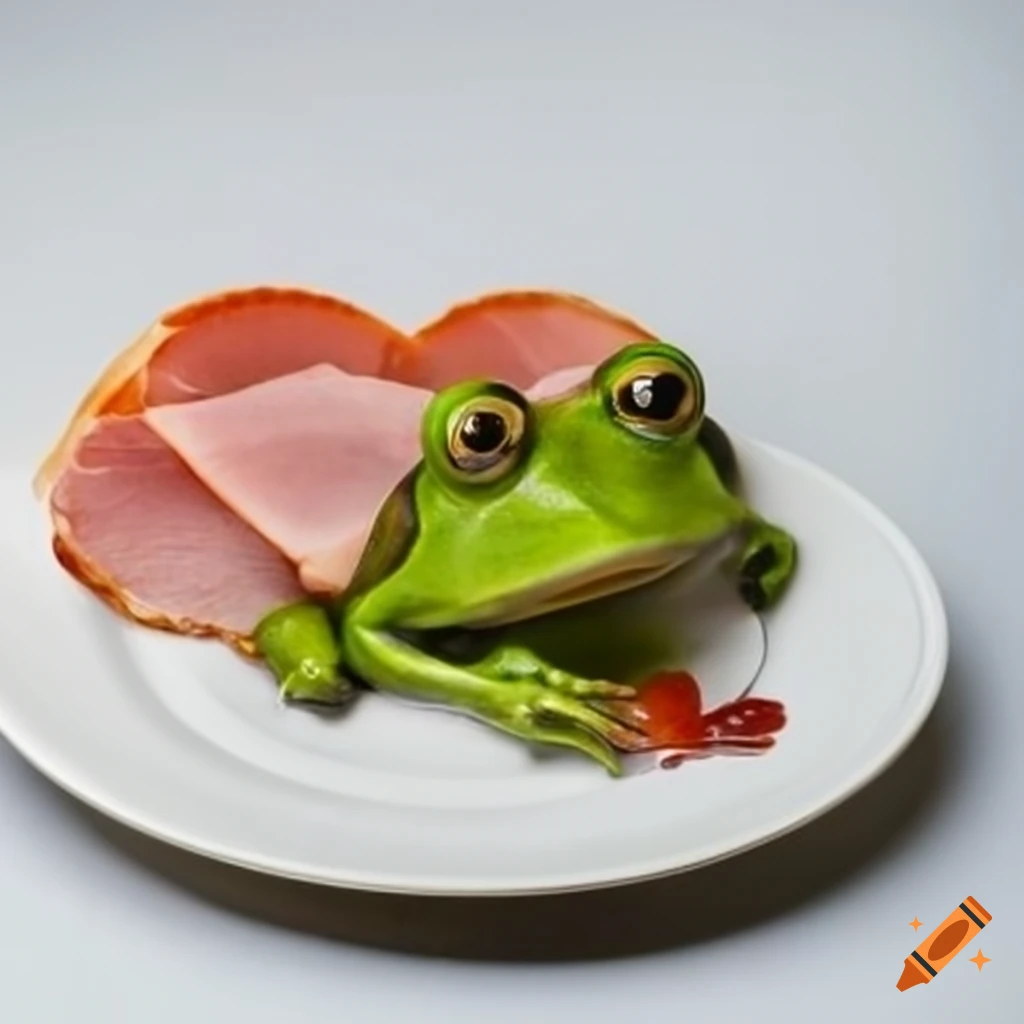A frog serving as a plate for a slice of ham