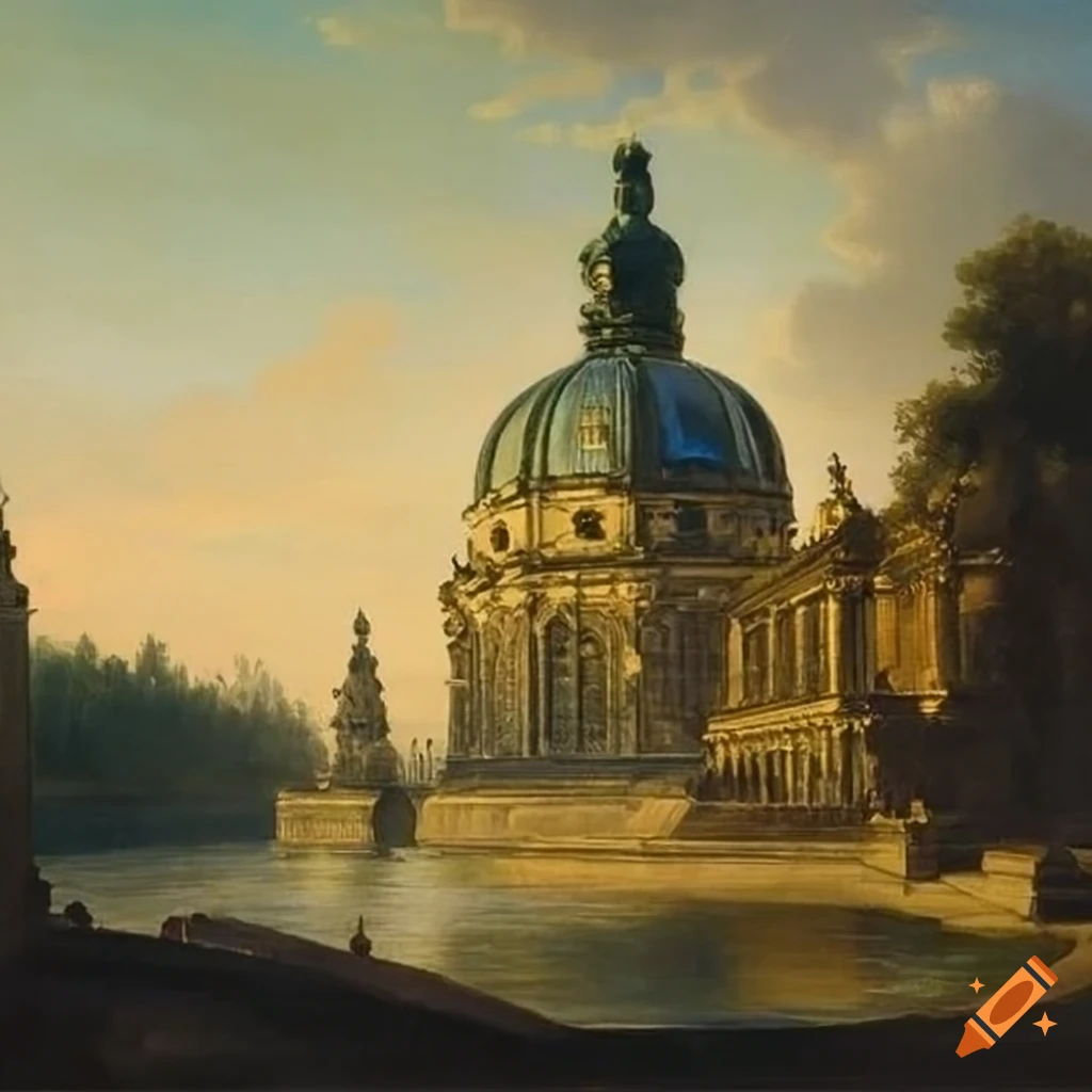 Neoclassical landscape painting with a fountain and dome building on ...