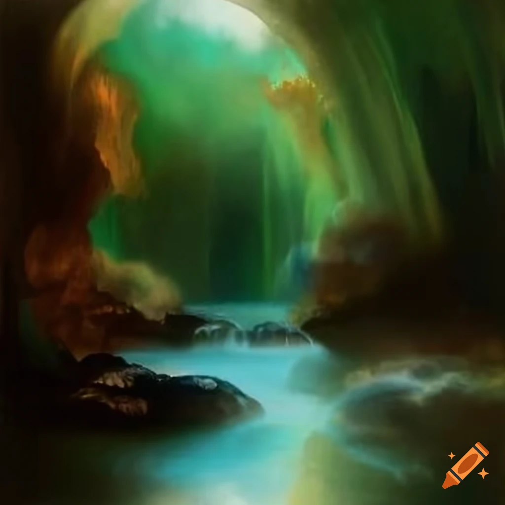 Rembrandt style painting of an underground river on Craiyon