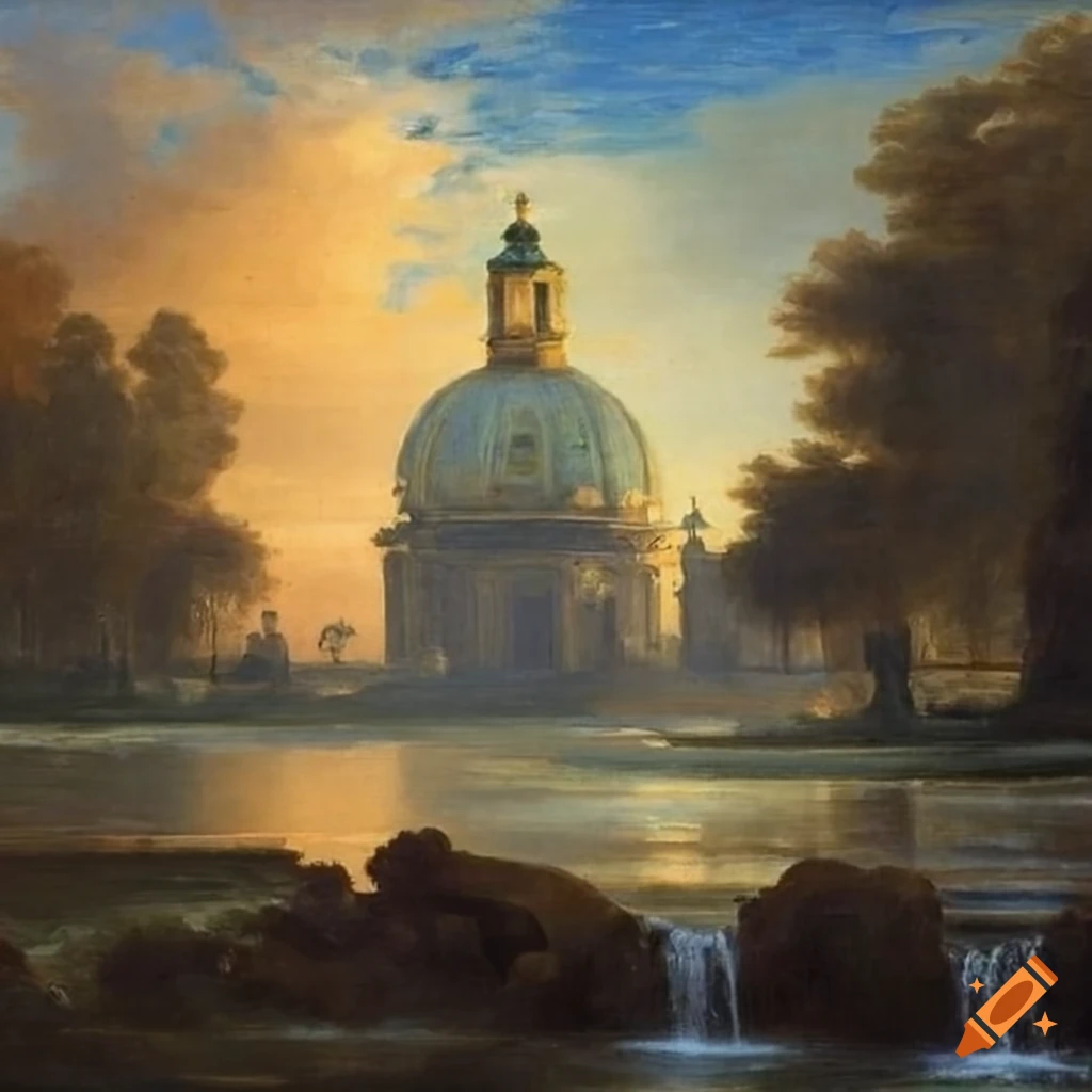 Neoclassical landscape painting with a fountain and domed building on ...
