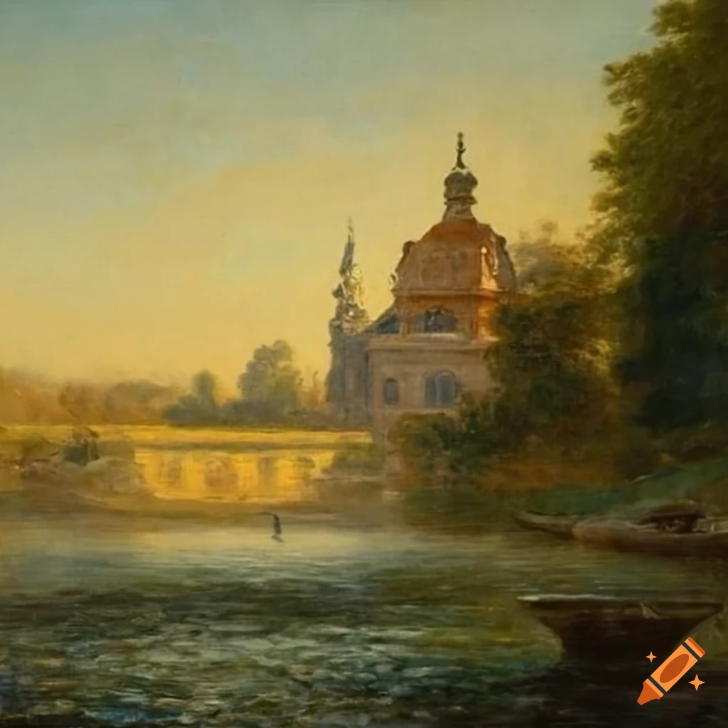 Neoclassical landscape painting with a small house and fountain on Craiyon