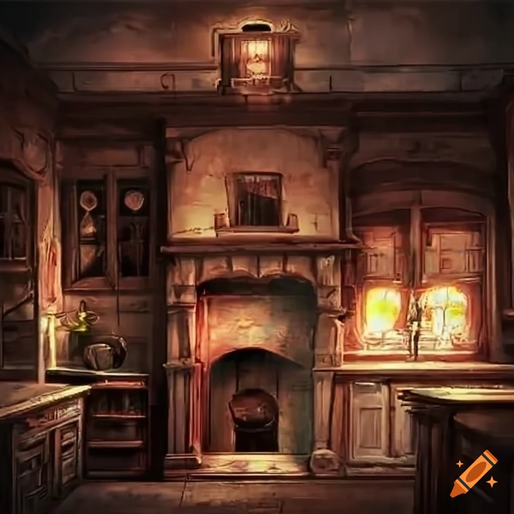 Night view of a spooky old mansion kitchen