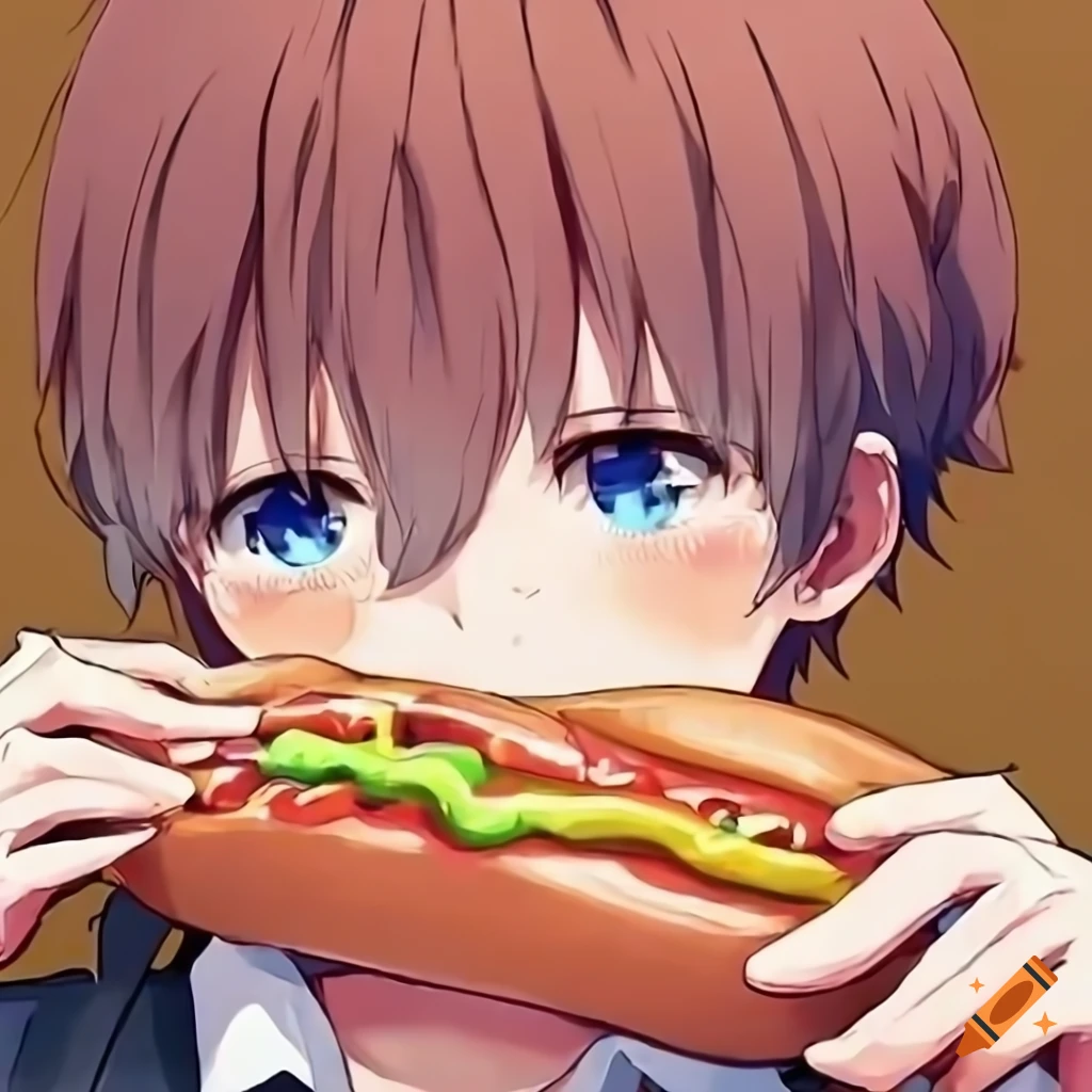 Detailed image of an anime boy eating a hotdog on Craiyon