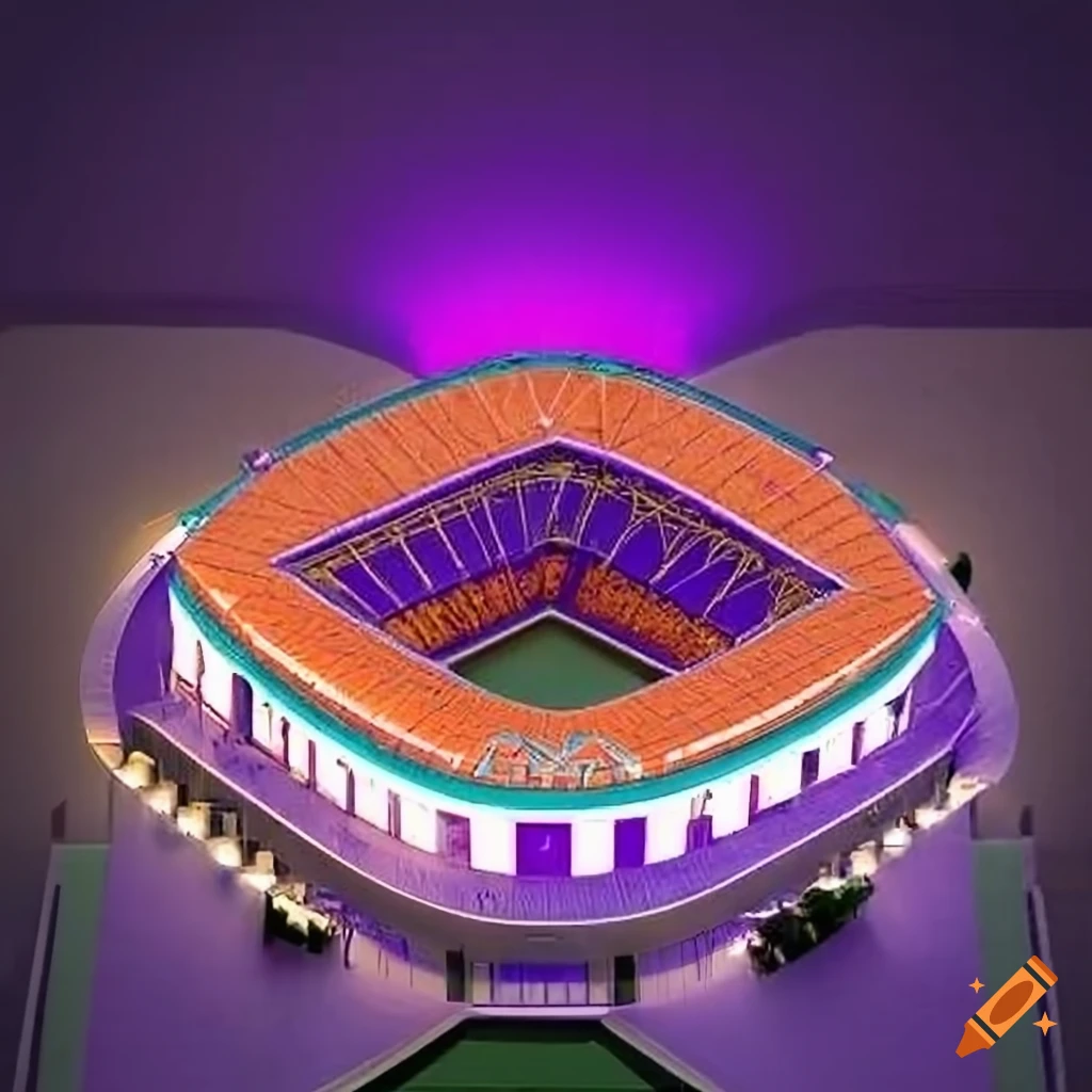Aerial view of a football stadium with orange, white, and purple stands ...